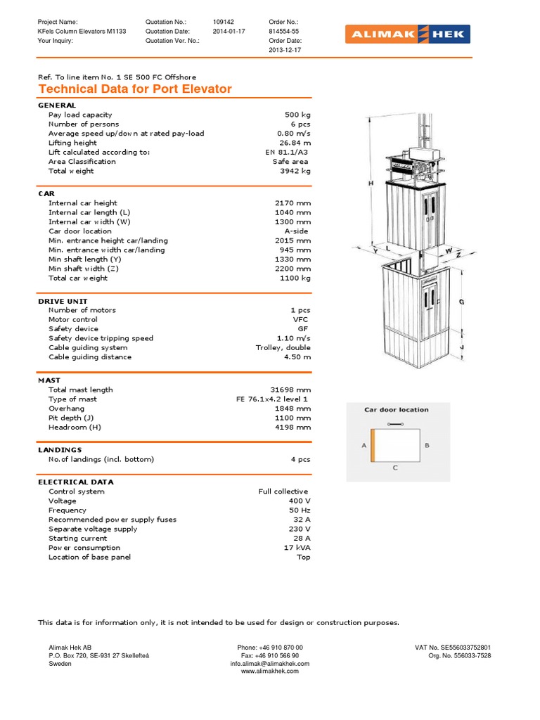 Techn Data Sheet Port Elevator | Download Free PDF | Elevator ...