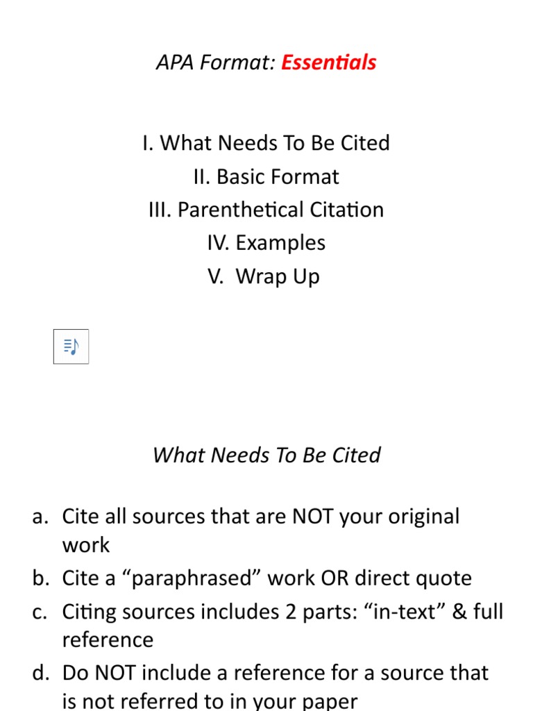 APA Format:: I. What Needs To Be Cited II. Basic Format III ...