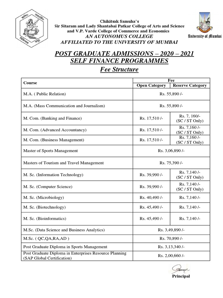 Post Graduate Admissions - 2020 - 2021 Self Finance Programmes Fee ...