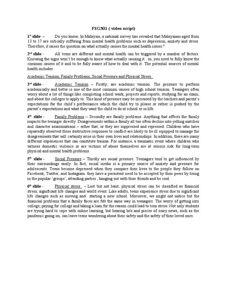 FSG301 - Video Script | PDF | Adolescence | Stress (Biology)
