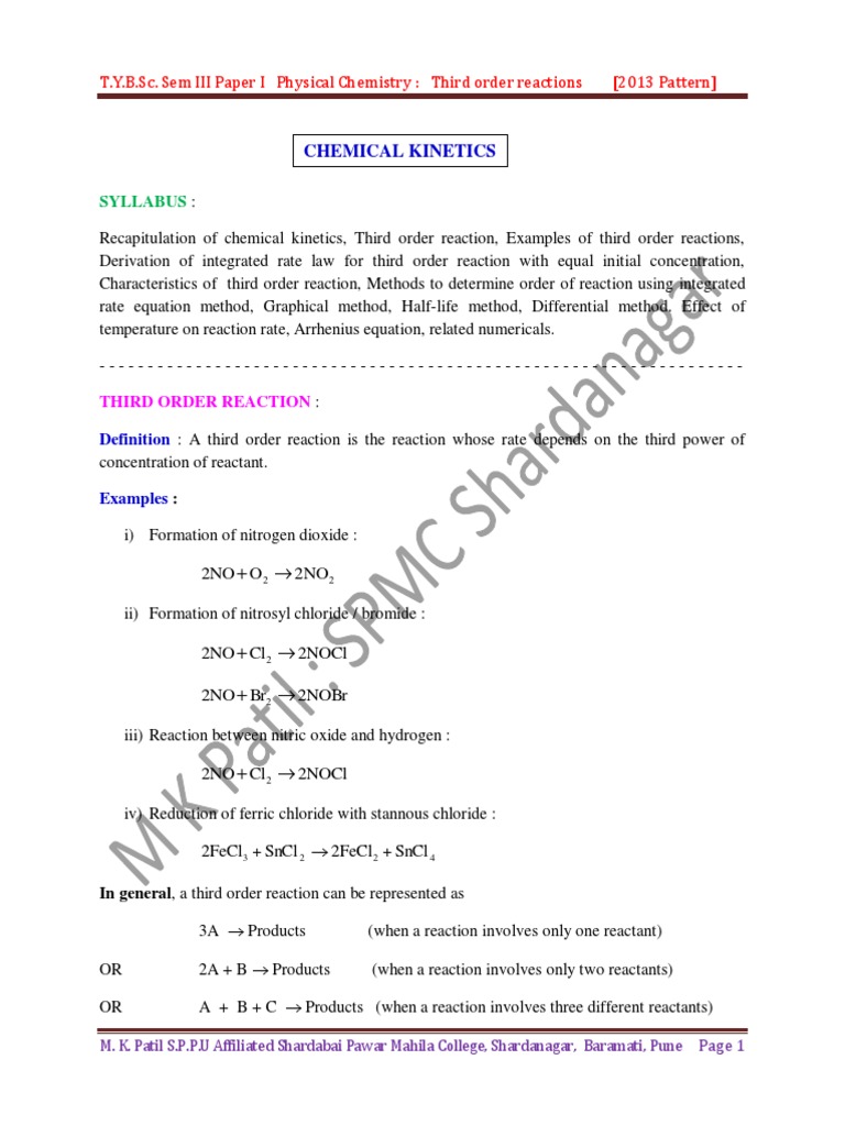 Chemical Kinetics Third Order Reactions TYBSC PHY Patil M K | PDF ...