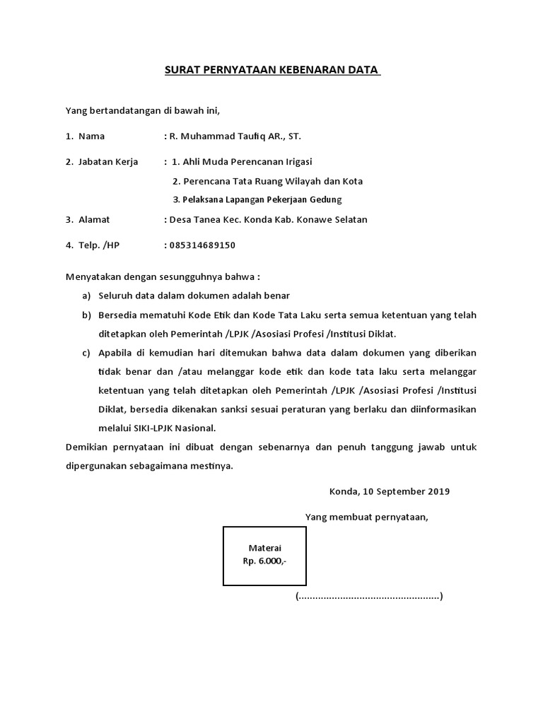 Surat Pernyataan Kebenaran Data (SKD) | PDF