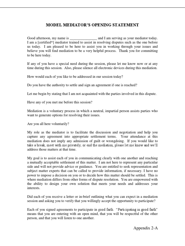 Model Mediator'S Opening Statement: Appendix 2-A | PDF | Mediation ...