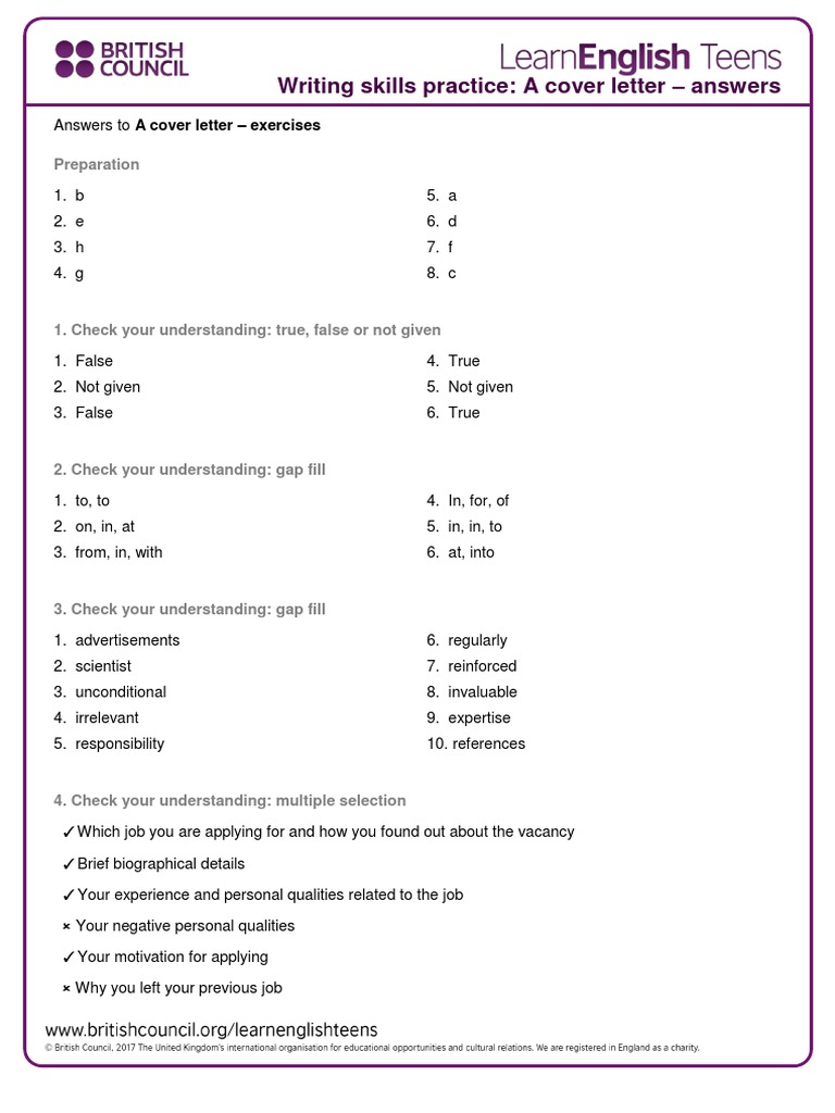 Writing Skills Practice: A Cover Letter - Answers: - Exercises | PDF