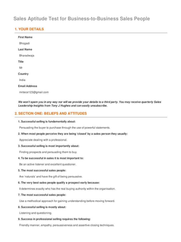 RSVPselling Sales Aptitude Test PDF | PDF | Sales | Business