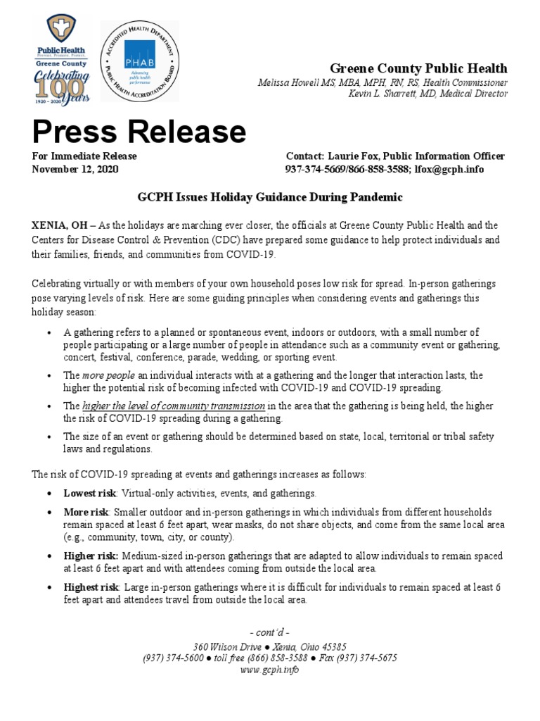 Press Release: GCPH Issues Holiday Guidance During Pandemic | PDF ...