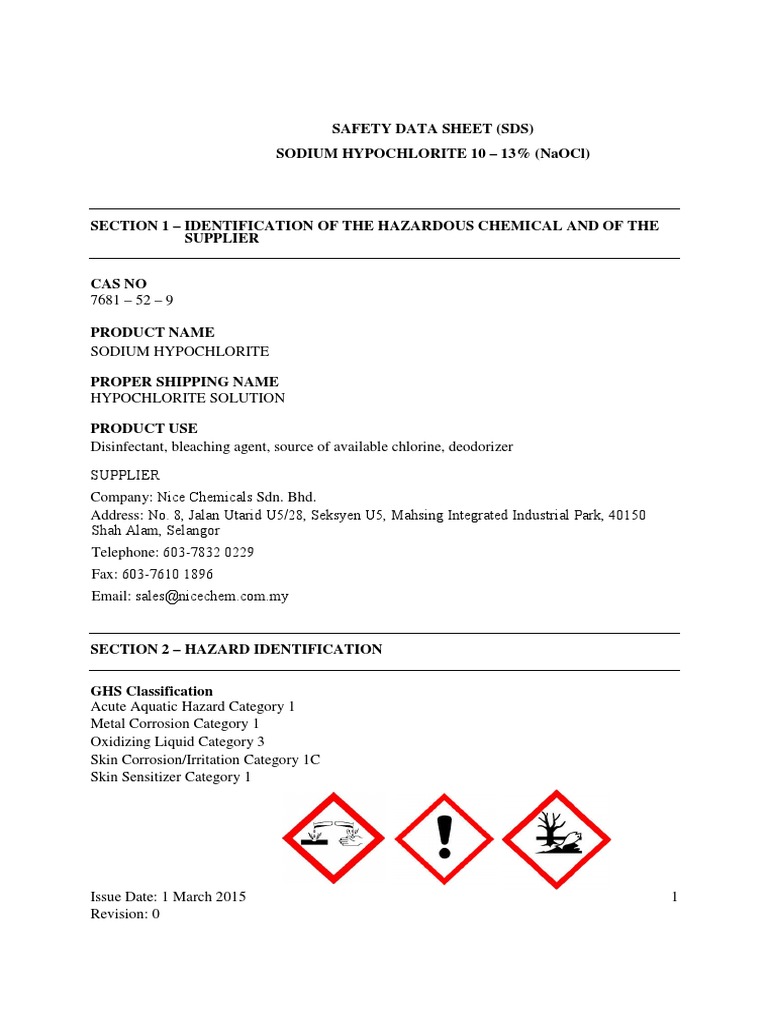 Safety Data Sheet (SDS) Sodium Hypochlorite 10 - 13% (Naocl) | PDF | Chlorine | Nitrogen