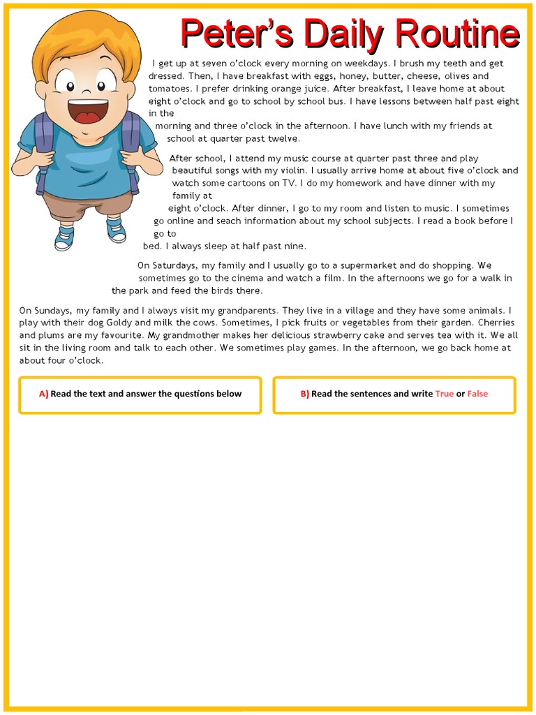 Present Simple Peters Daily Routine Esl Reading Comprehension Worksheet ...