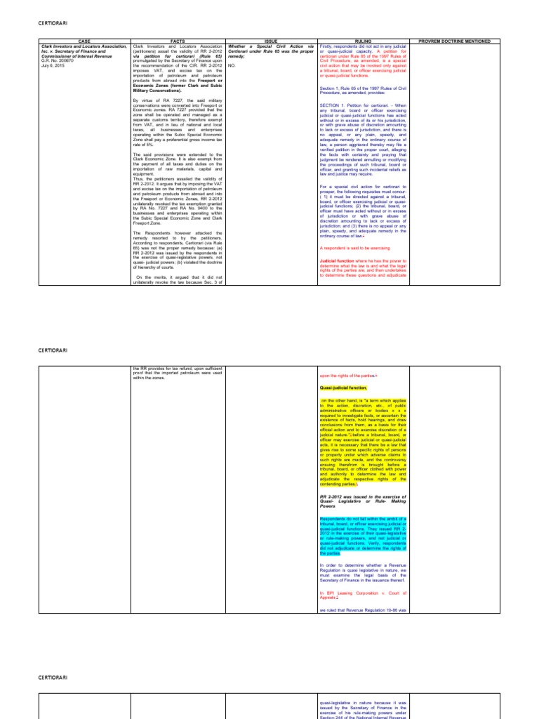 Certiorari: Case Facts Issue Ruling Provrem Doctrine Mentioned | PDF ...