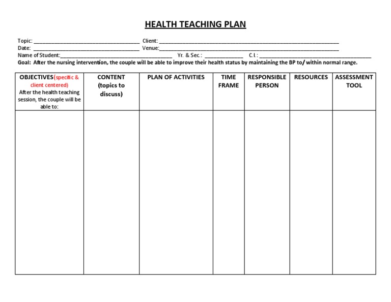 Health Teaching Plan Form | PDF