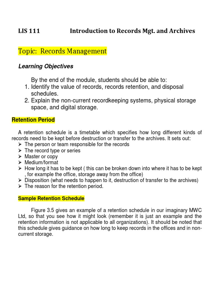 Topic: Records Management: LIS 111 Introduction To Records Mgt. and ...
