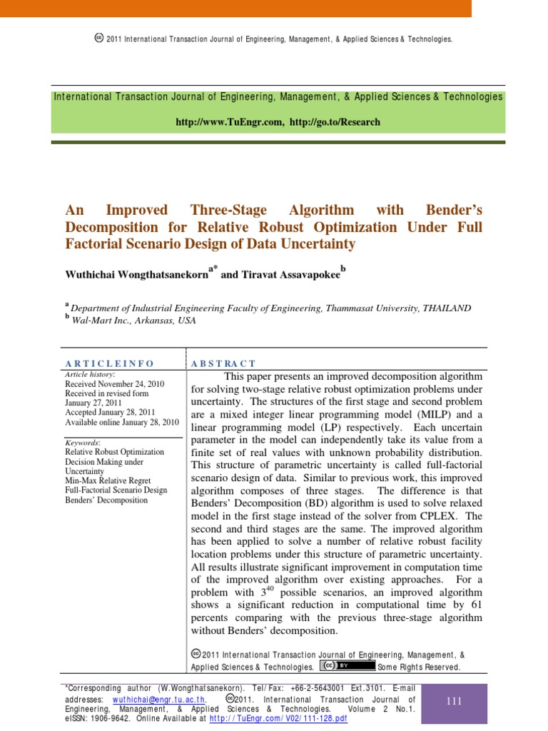An Improved Three-Stage Algorithm With Bender's Decomposition For Relative Robust Optimization ...