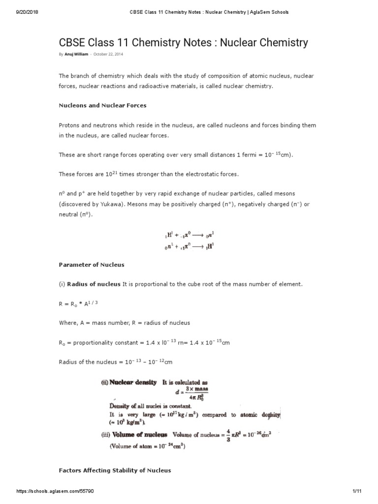 CBSE Class 11 Chemistry Notes: Nuclear Chemistry: Nucleons and Nuclear ...