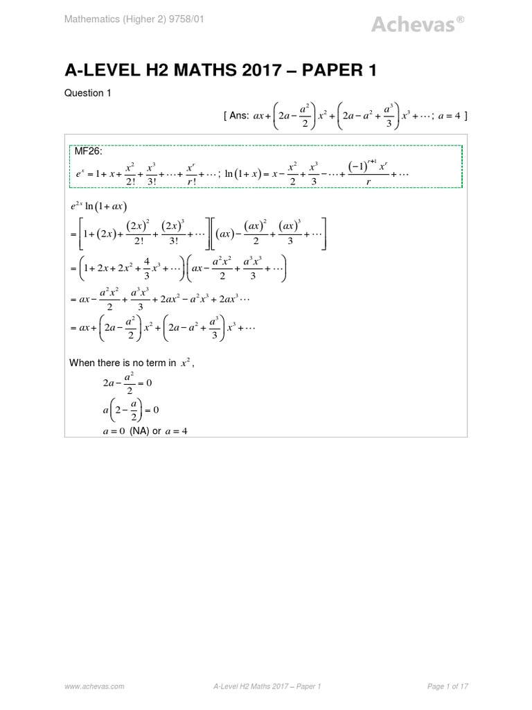 A-Level H2 Maths 2017 - Paper 1: A A Ax A X Aa X A | PDF | Plane ...
