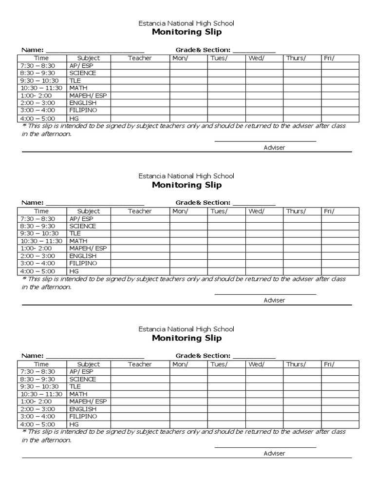 Monitoring Slip: Estancia National High School | PDF | Sports ...