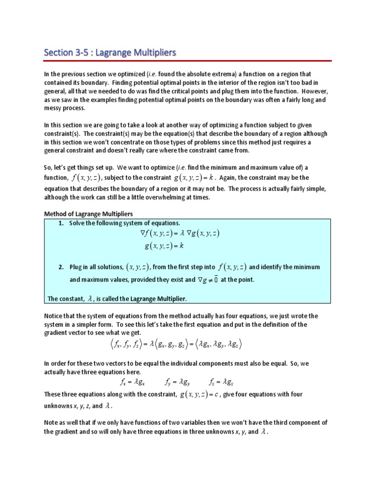 Section 3-5: Lagrange Multipliers: Fxyz Gxyz K | PDF | Maxima And ...