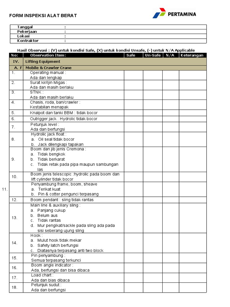 FORM INSPEKSI ALAT BERAT CRANE - Rev | PDF