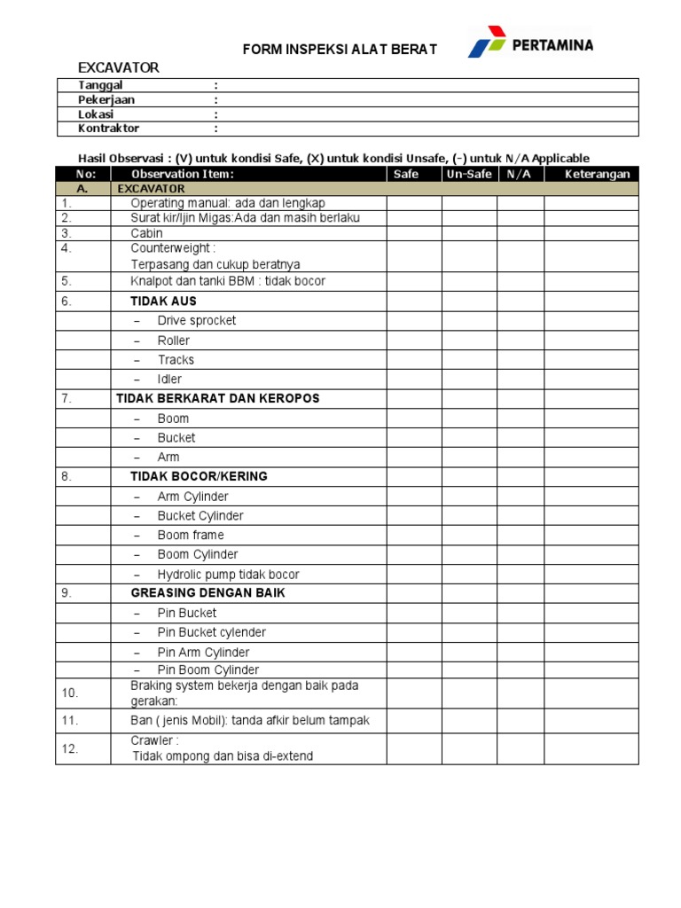 FORM INSPEKSI EXCAVATOR - Rev | PDF