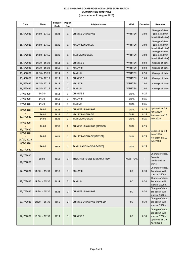 2020 Singapore-Cambridge Gce A-Level Examination Examination Timetable ...