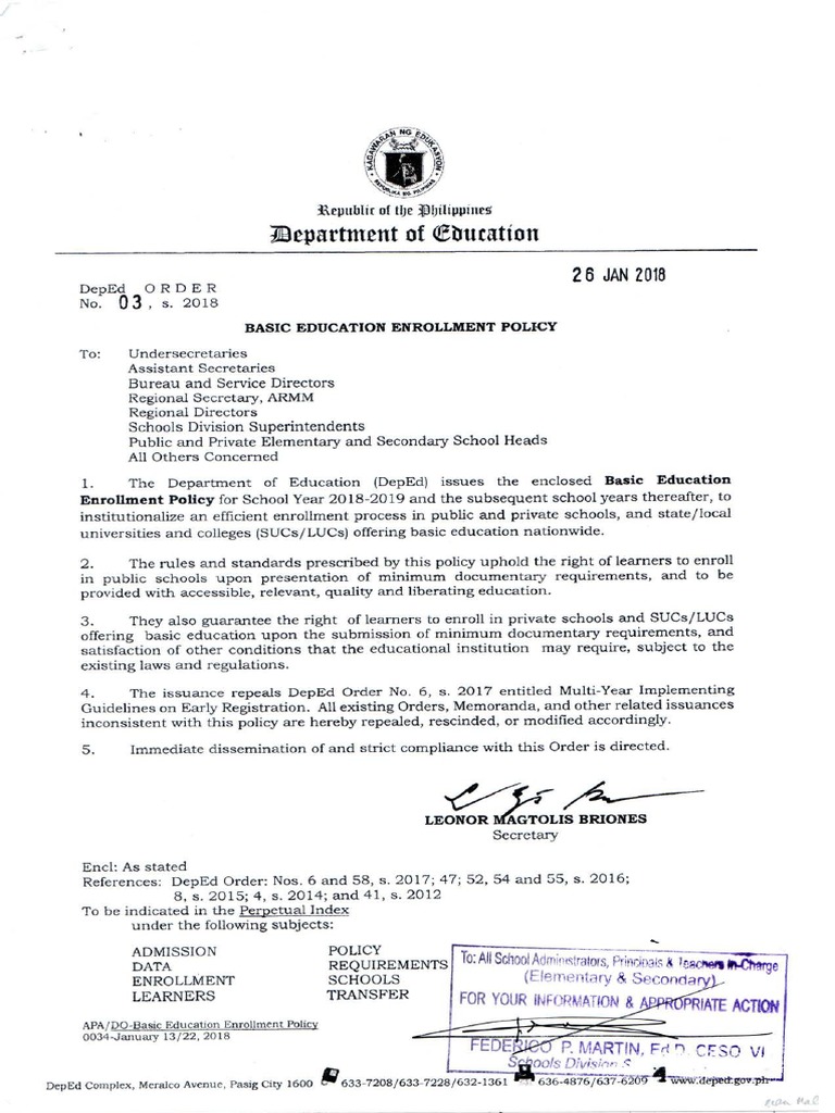 DepEd Memo No. 03 S. 2018 Basic Education Enrollment Policy PDF | PDF