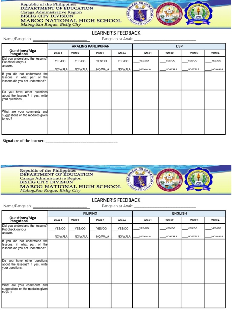 Learner Feedback Form Template | PDF | Learning | Cognition