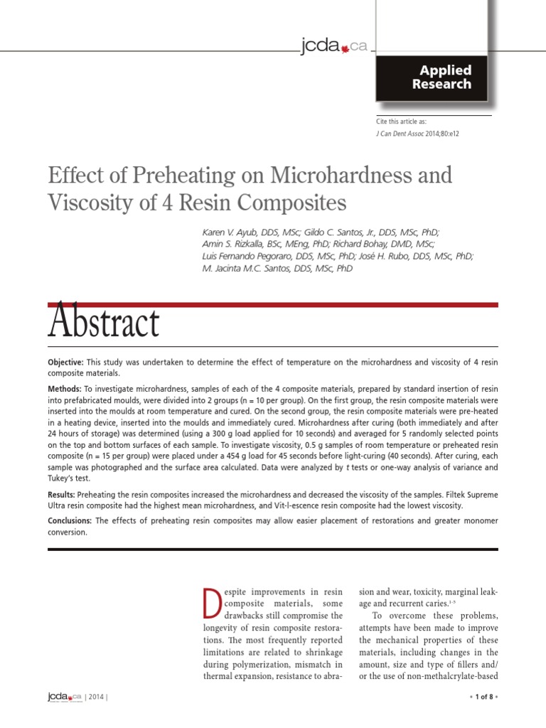 Effect of Preheating On Microhardness and Viscosity of 4 Resin ...