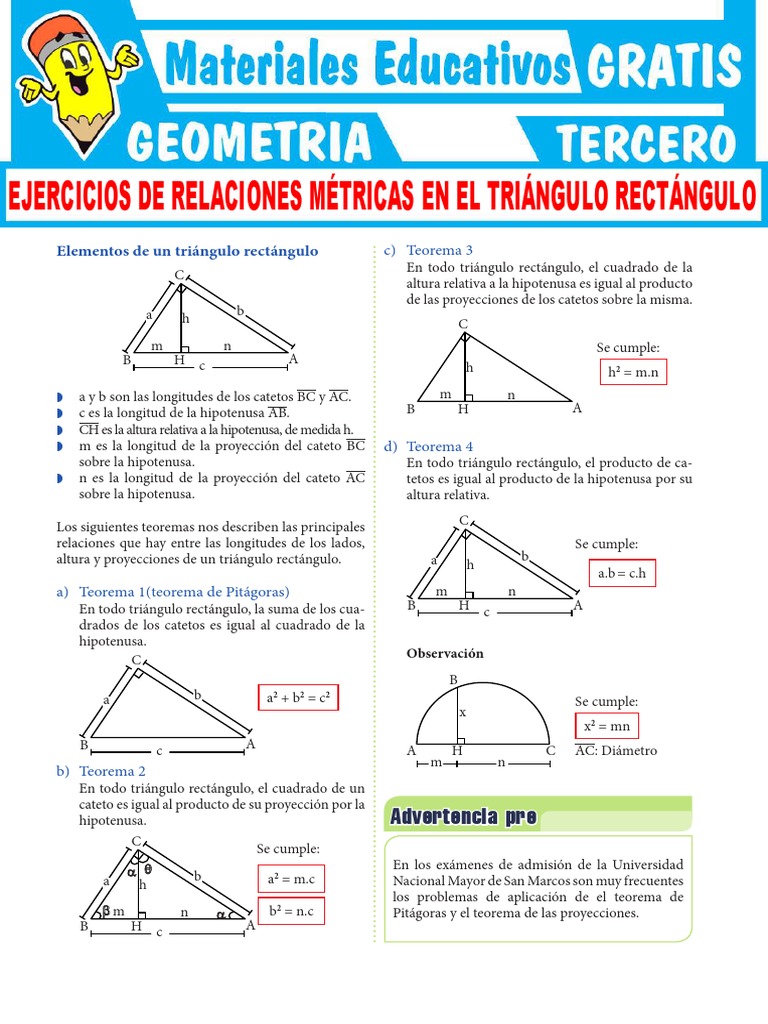 Ejercicios de Relaciones Métricas en El Triángulo Rectángulo para Tercer Grado de Secundaria ...