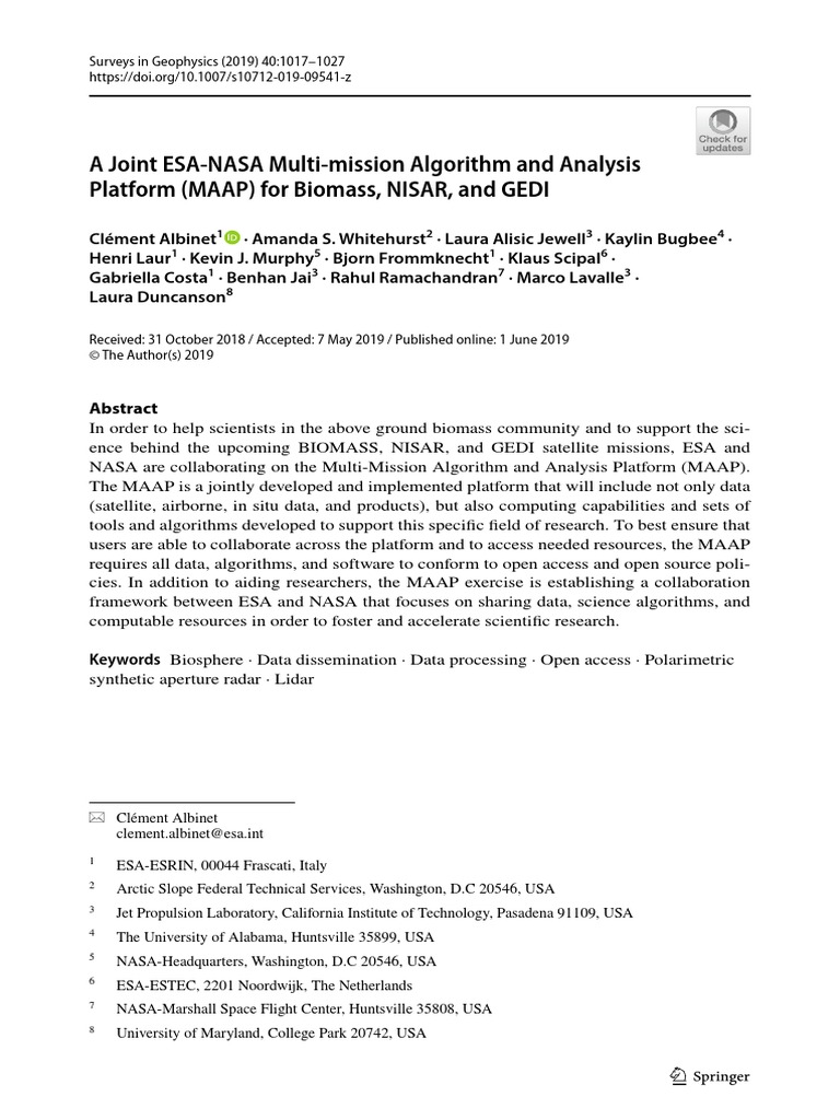 A Joint ESA NASA Multi Mission Algorithm and Analysis Platform (MAAP) For Biomass, NISAR, and ...