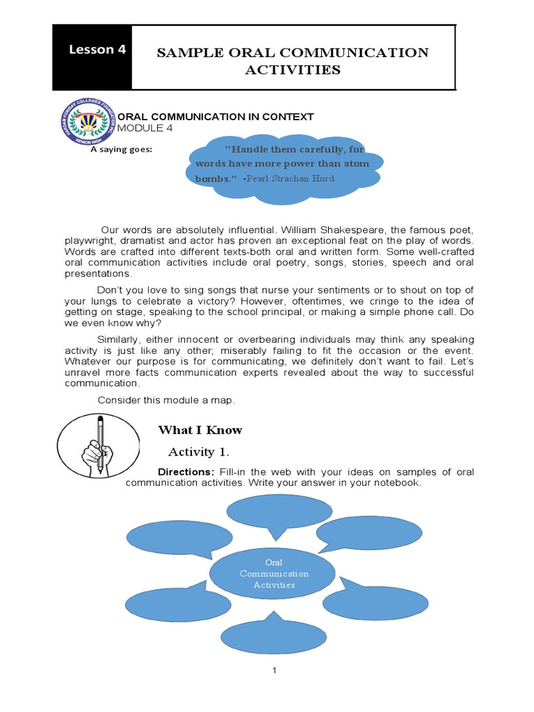Sample Activities for Oral Communication | PDF | Nonverbal ...