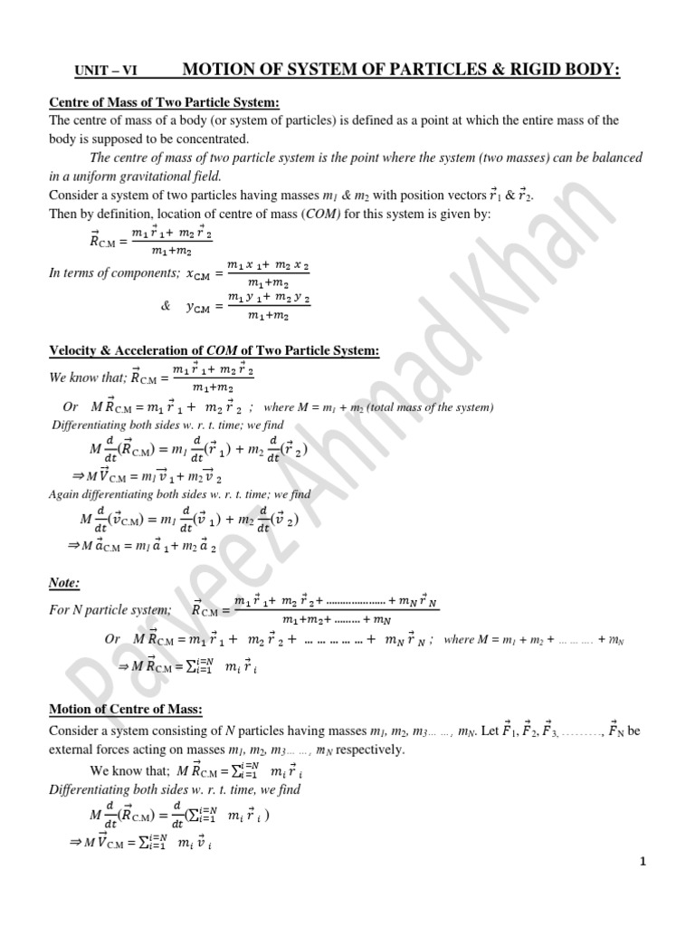 Motion of System of Particles & Rigid Body:: Unit - Vi Centre of Mass of Two Particle System ...