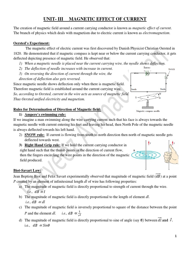 Unit-Iii Magnetic Effect of Current: Oersted 'S Experiment | PDF ...
