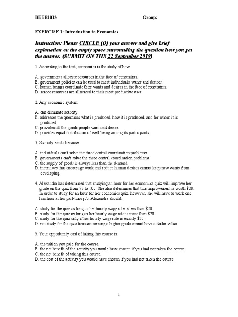 Introduction to Economics Quiz | PDF | Macroeconomics | Economics