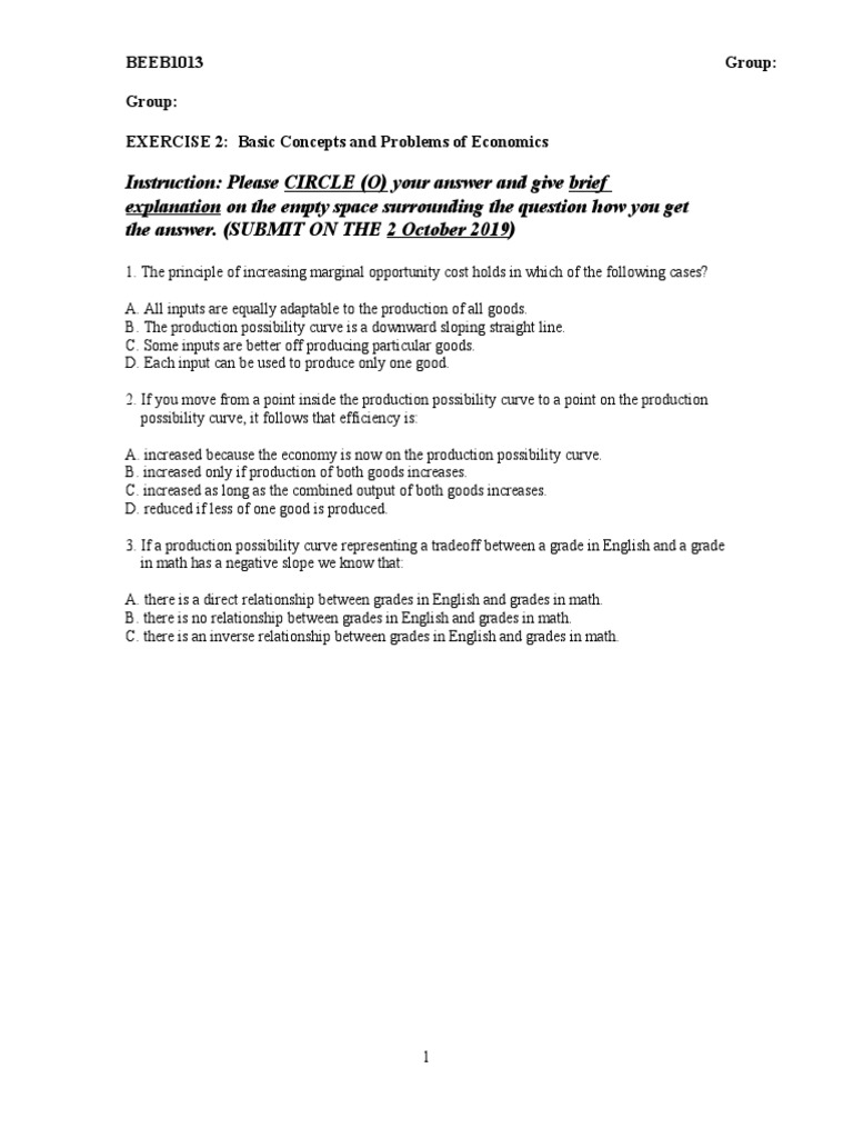 Exercise 2 Basic Concepts and Problems of Economics | PDF ...