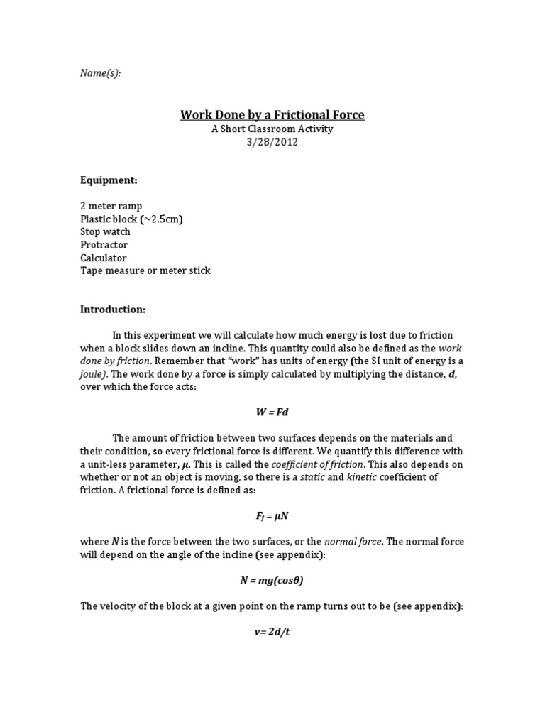 Work Done by A Frictional Force: Name(s) | PDF | Friction | Kinetic Energy