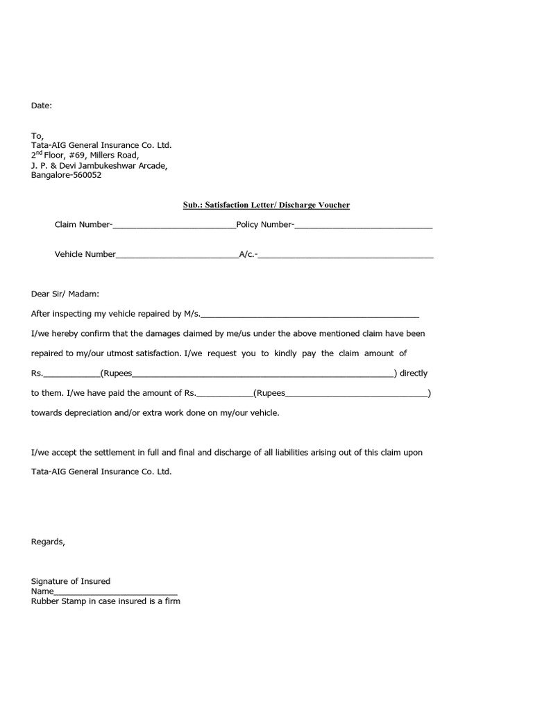 Tata AIG Satisfaction Letter Template | PDF | Finance & Money Management
