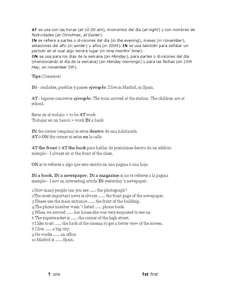 Preposiciones at in On | PDF