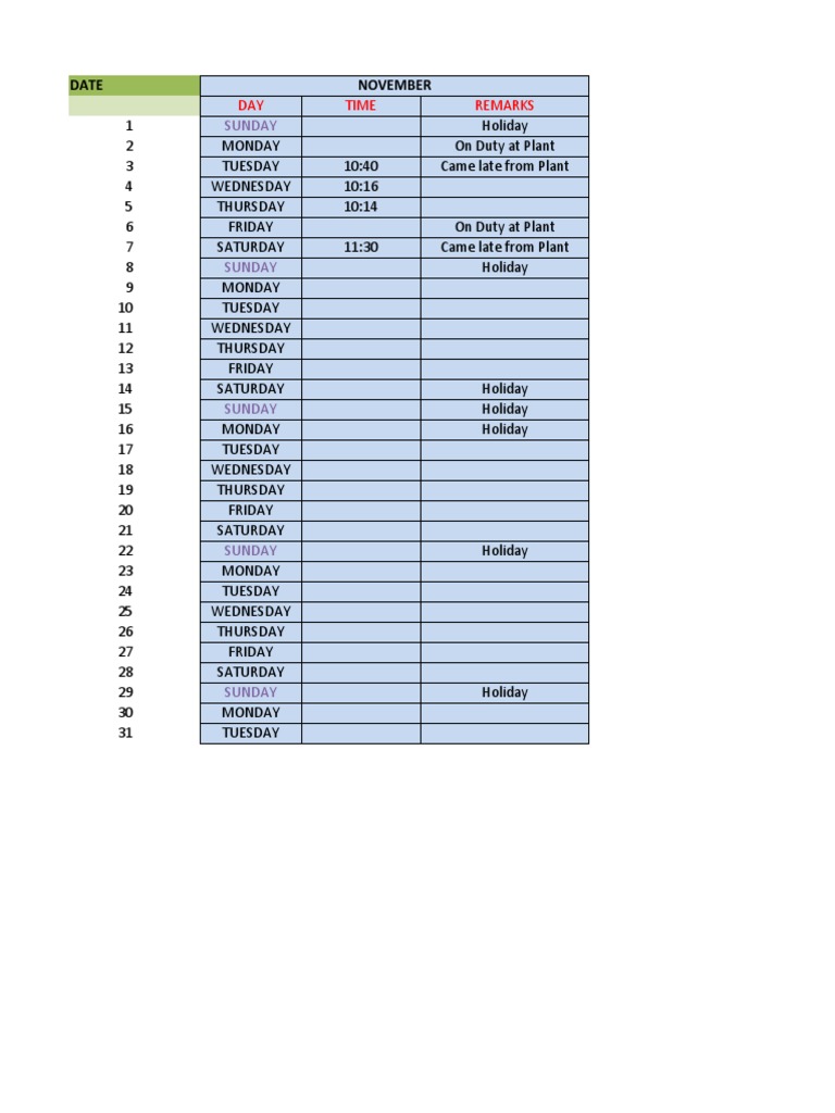 November Work Schedule and Holidays | PDF