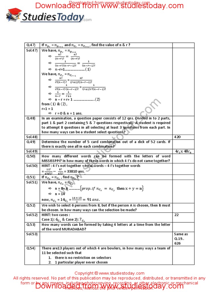 CBSE Class 11 Mathematics Worksheet - Permutations and Combinations ...