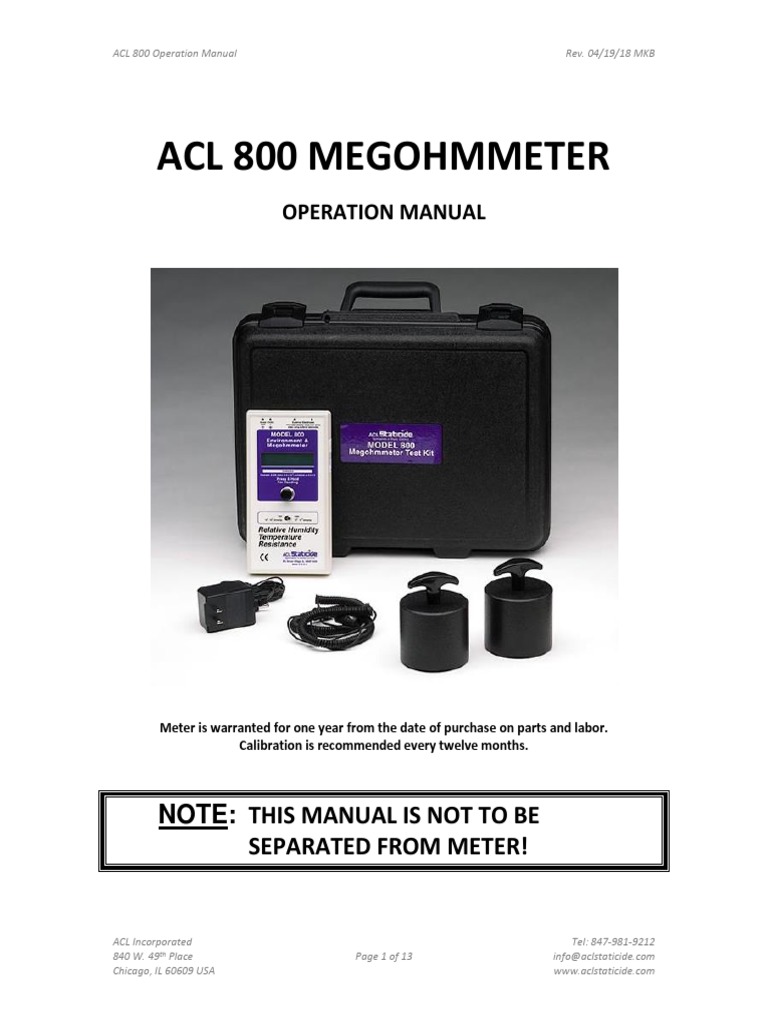 Acl 800 Megohmmeter: Operation Manual | PDF | Volt | Resistor