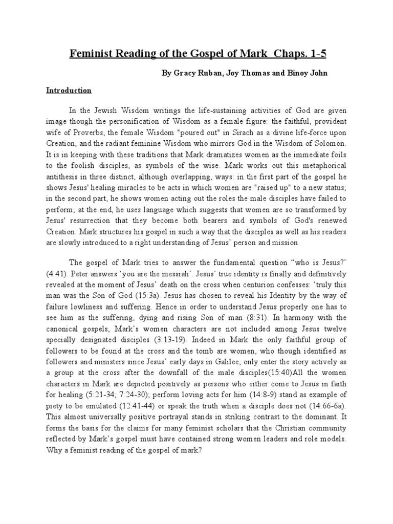 Feminist Reading of The Gospel of Mark Chaps. 1-5: by Gracy Ruban, Joy Thomas and Binoy John ...