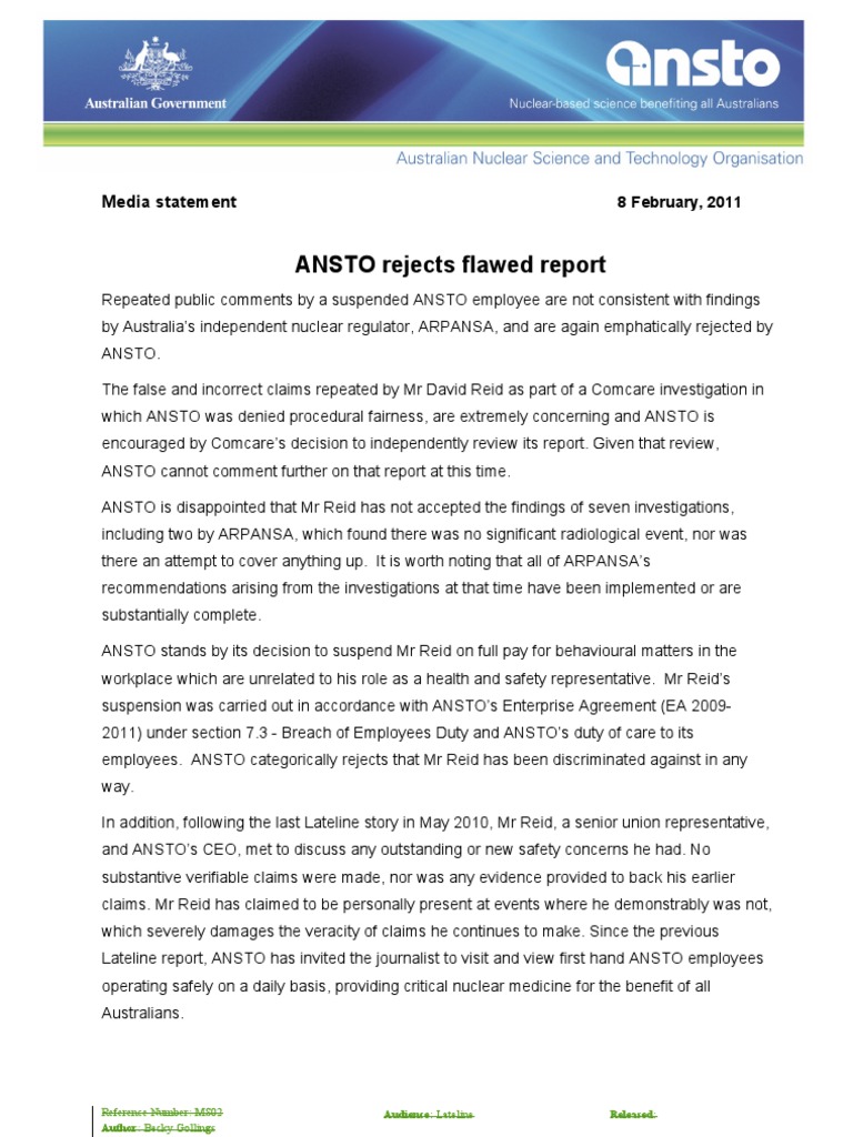 ANSTO Statement | PDF | Occupational Safety And Health | Employment