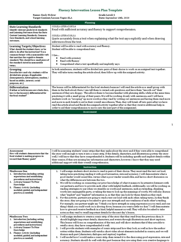 Fluency Intervention Lesson Plan Template: Read With Sufficient ...