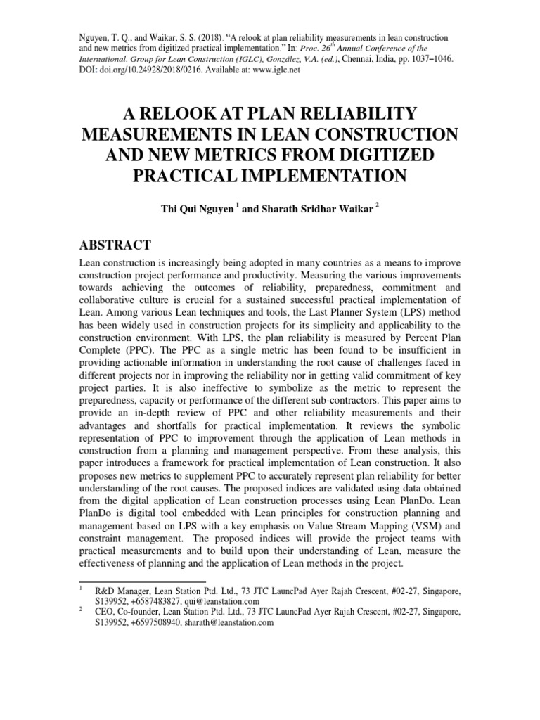 2018 - A Relook at Plan Reliability Measurements in Lean Construction ...