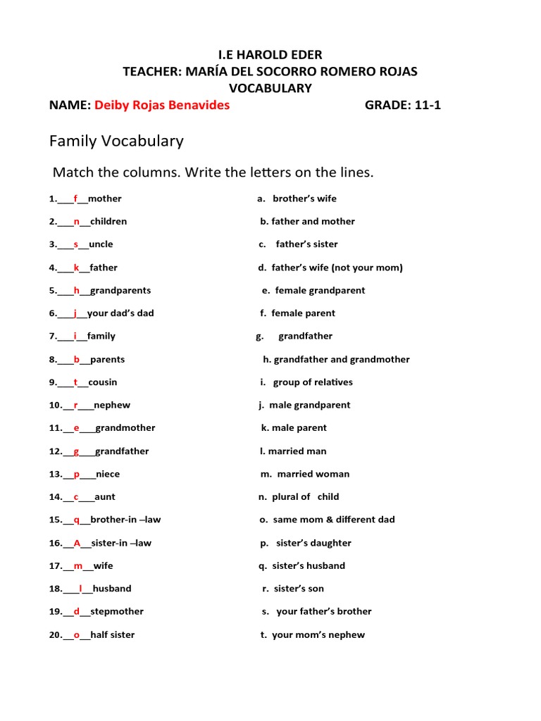 Family Vocabulary Matching Guide | PDF | Language Arts & Discipline