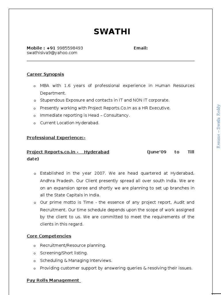 Swathi Resume For HR Executive/Recruiter Position | PDF | Human ...