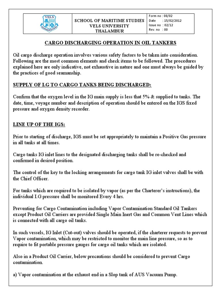 Cargo Discharging Operation in Oil Tankers: School of Maritime Studies ...