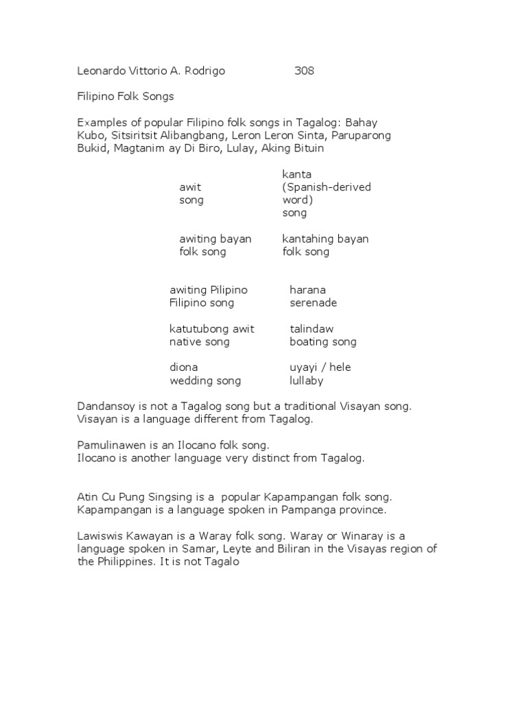 Popular Filipino Folk Songs List | PDF