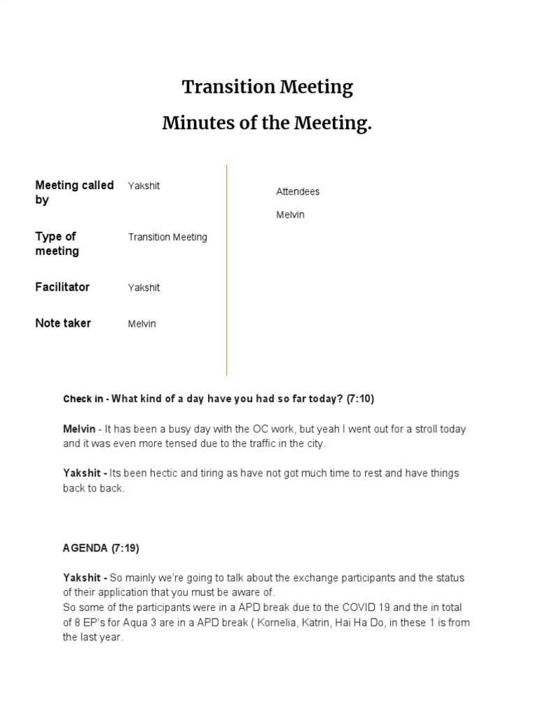 Transition Meeting - Minutes | PDF