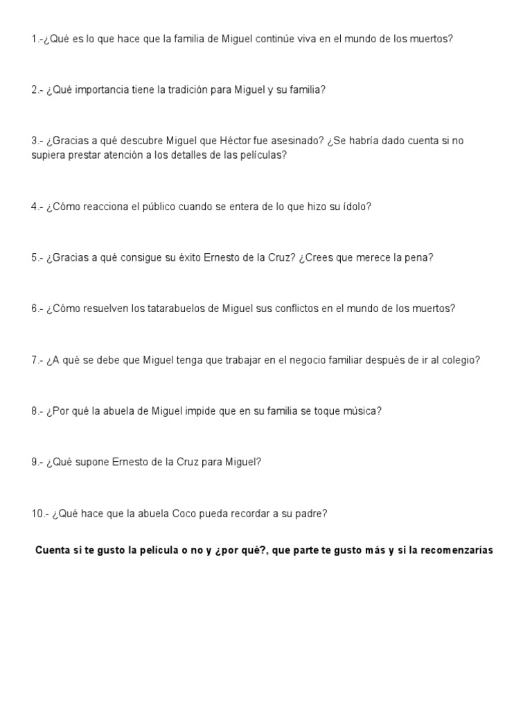 Trabajo Reflexión de La Pelicula Coco | PDF | Juegos y actividades