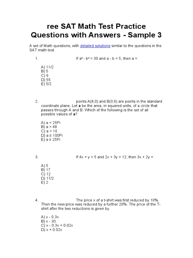 Ree SAT Math Test Practice Questions With Answers - Sample 3 | Download ...